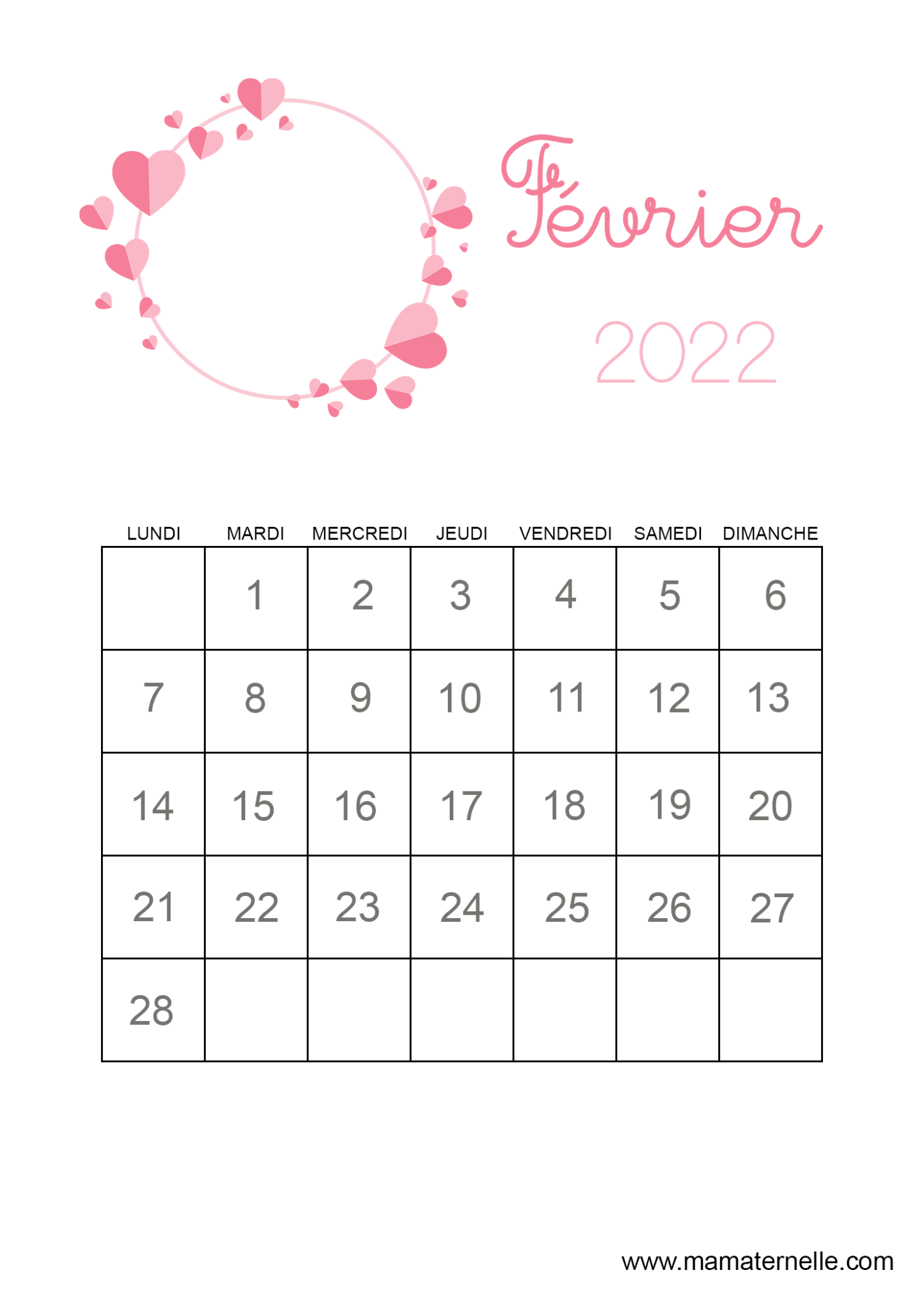 Calendrier Février 2022 - Ma Maternelle