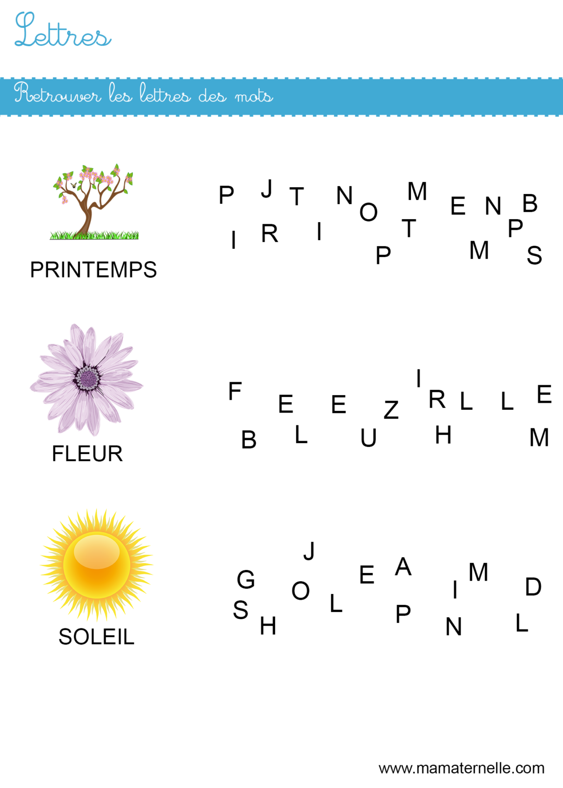 Lettres : retrouver les lettres des mots - Ma Maternelle