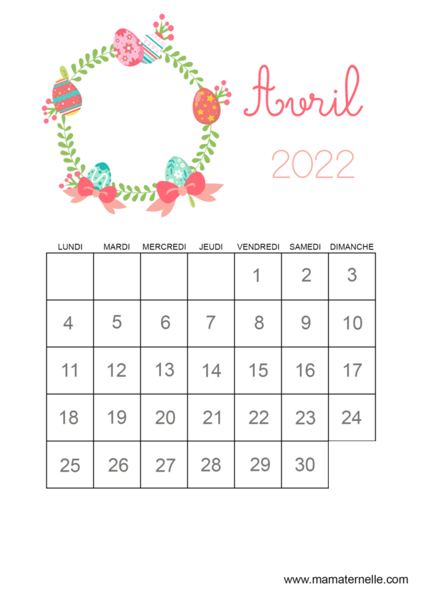 Calendrier Avril 2022 - Ma Maternelle