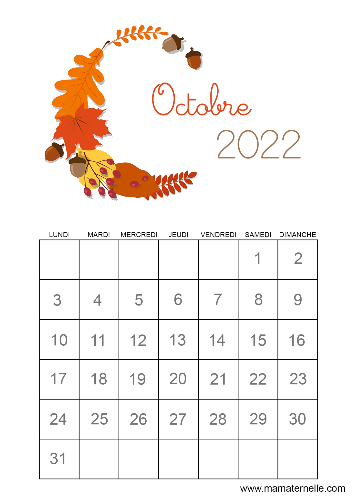 Calendrier Octobre 2022 - Ma Maternelle