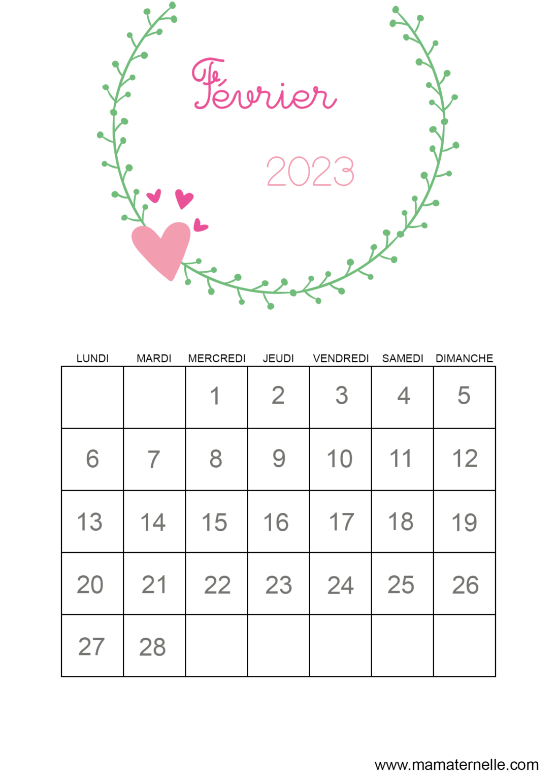 Calendrier du mois de Février - Ma Maternelle