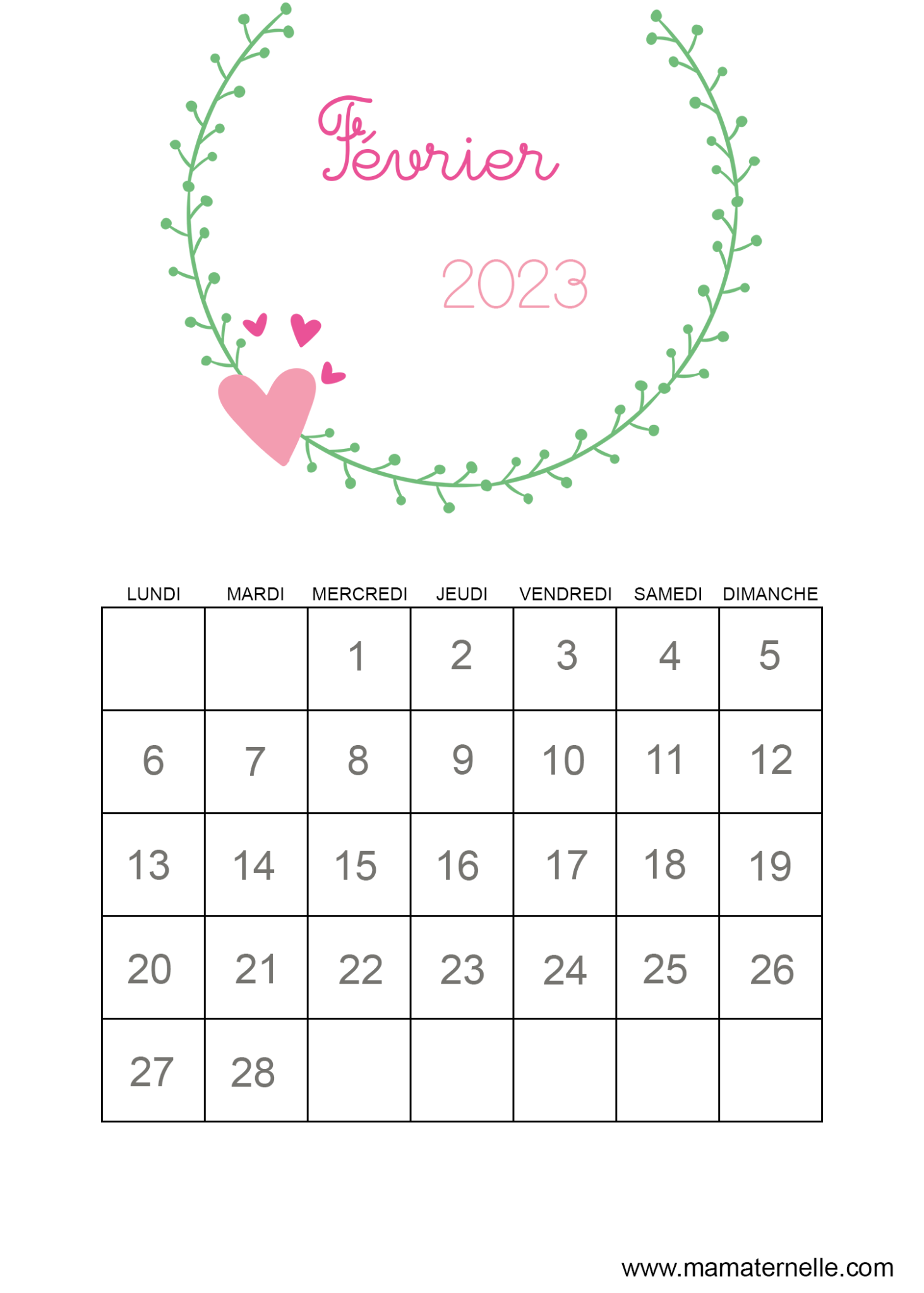 Calendrier du mois de Février - Ma Maternelle
