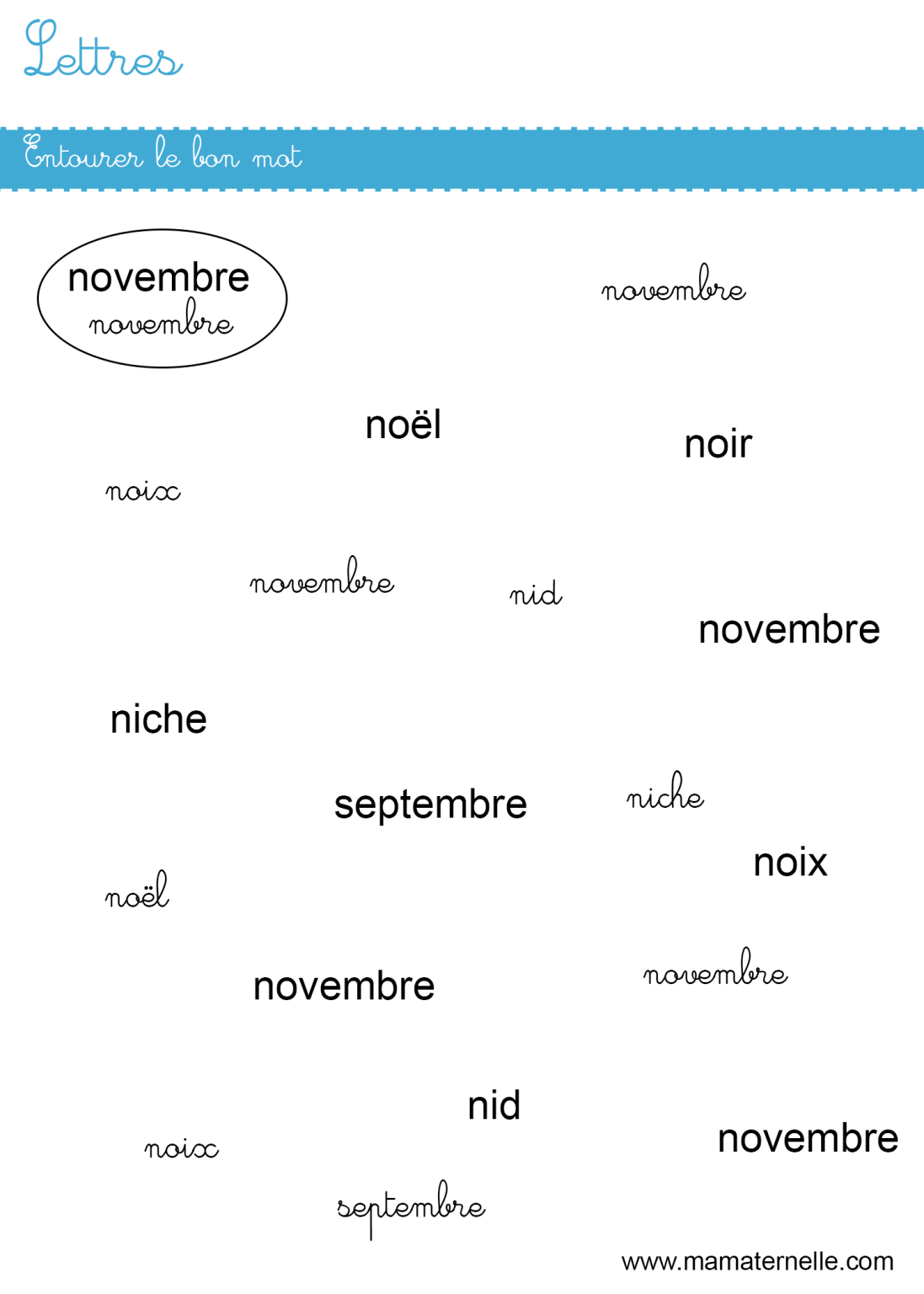 Lettres : entourer le bon mot - Ma Maternelle