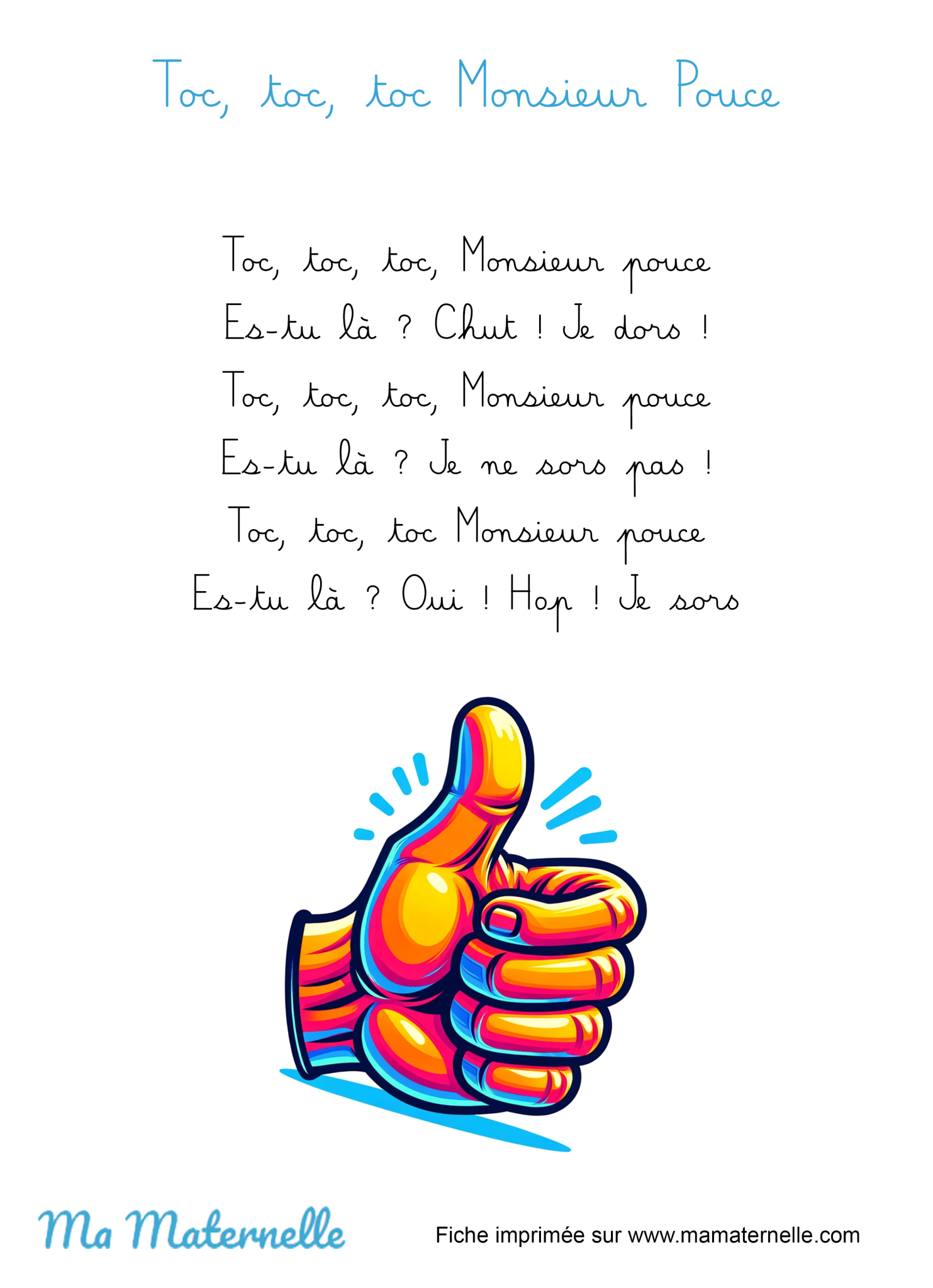 Chanson : toc toc toc Monsieur pouce - Ma Maternelle