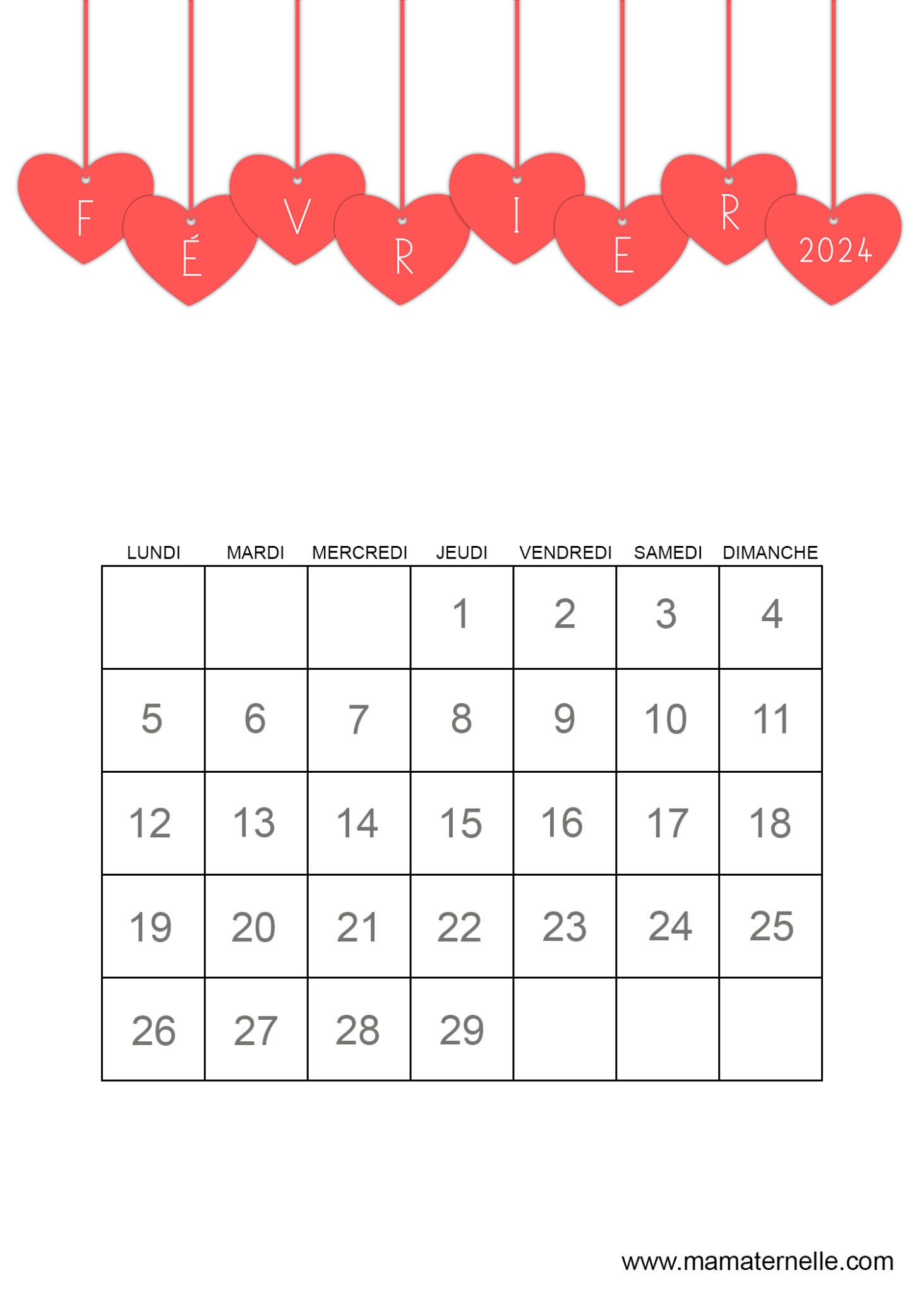 Calendrier Février 2024 - Ma Maternelle