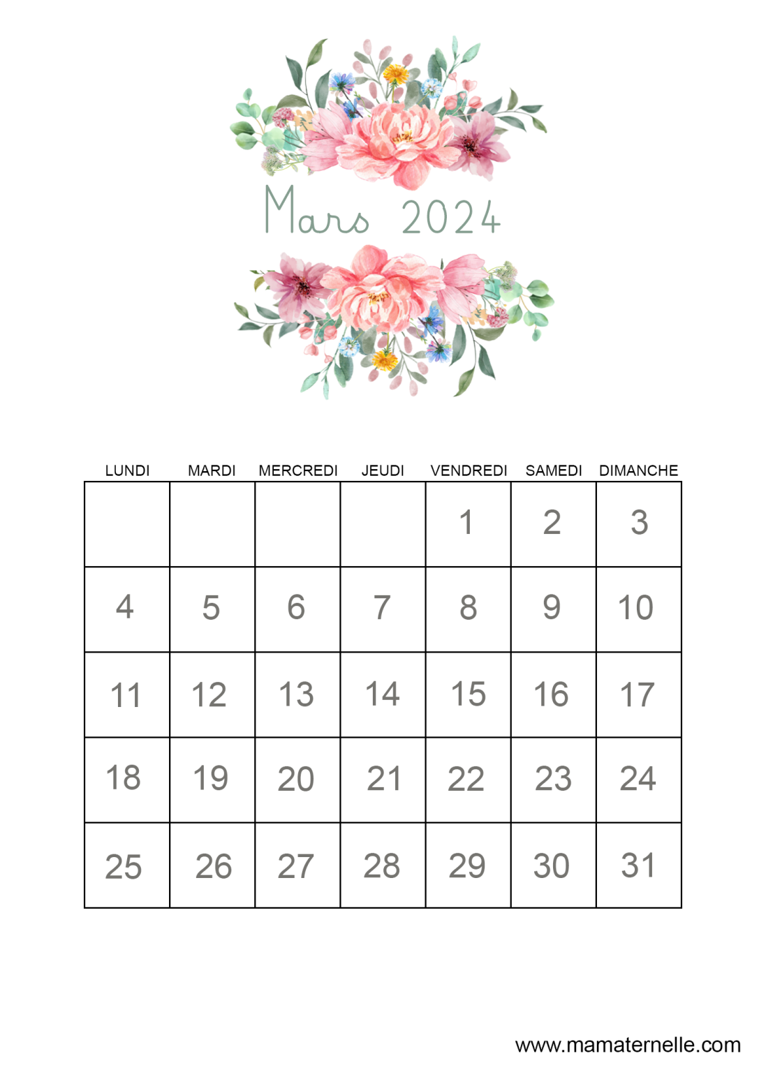 Calendrier Mars 2024 - Ma Maternelle