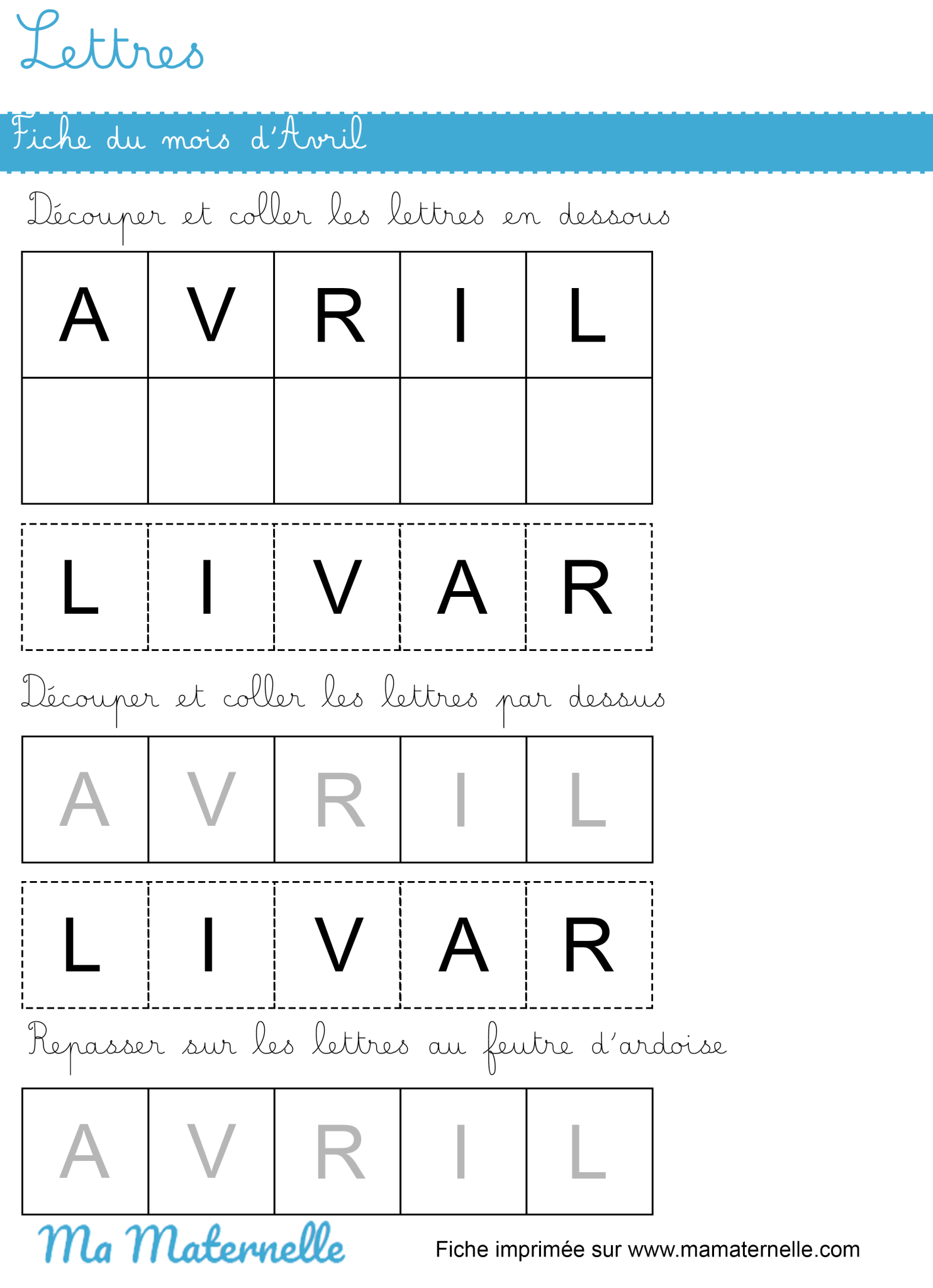 Lettres : Fiche du mois d'Avril - Ma Maternelle