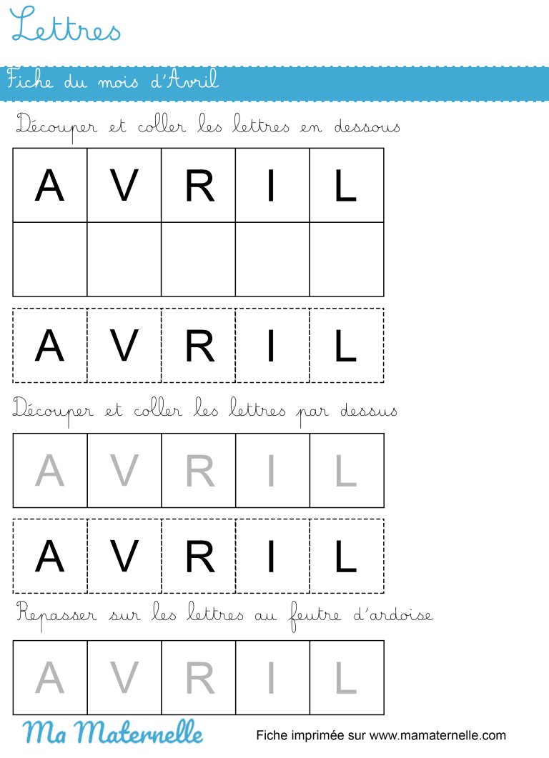Lettres : Fiche du mois d'Avril - Ma Maternelle