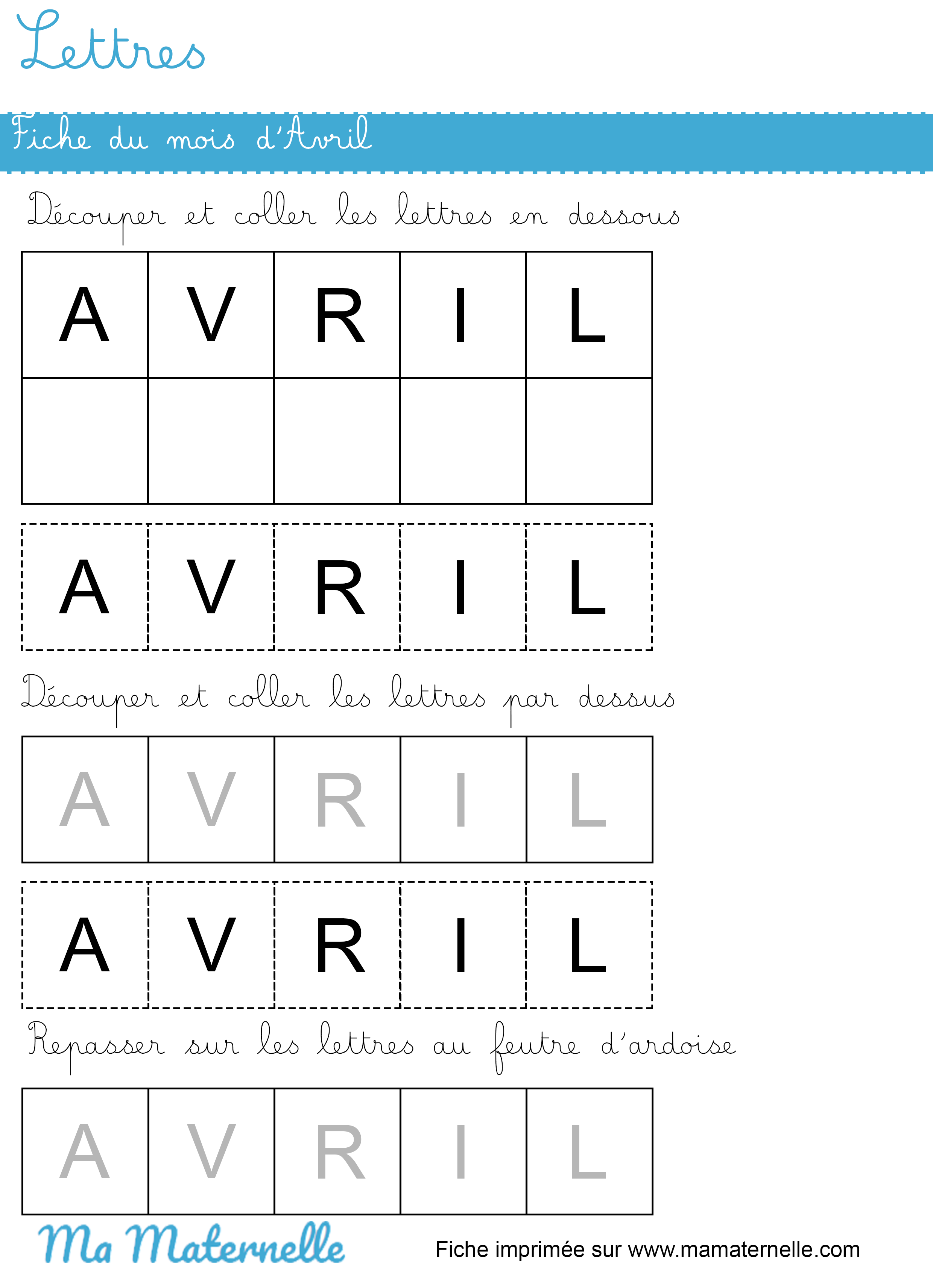 Lettres : Fiche du mois d'Avril - Ma Maternelle