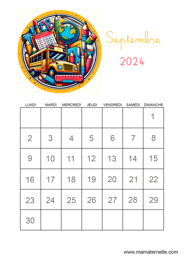 Calendrier Septembre 2024 - Ma Maternelle