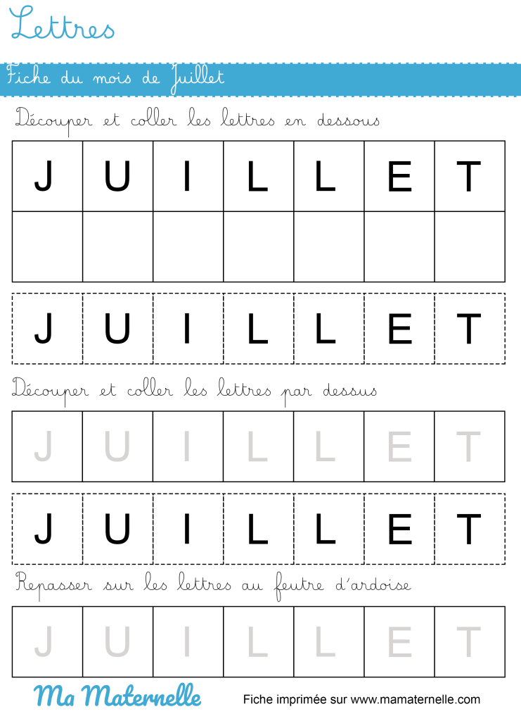 Lettres : fiche du mois de Juillet - Ma Maternelle