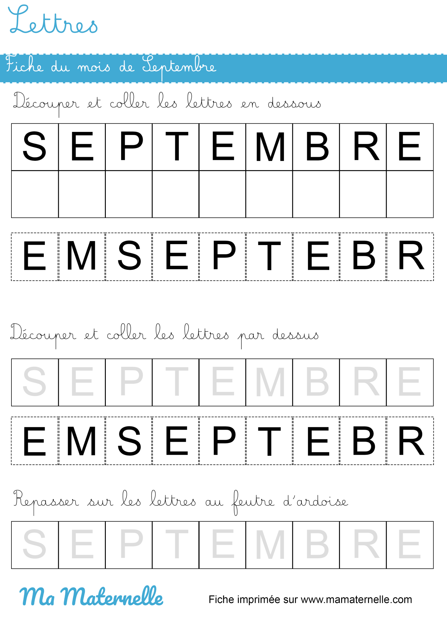 Lettres : fiche du mois de septembre - Ma Maternelle