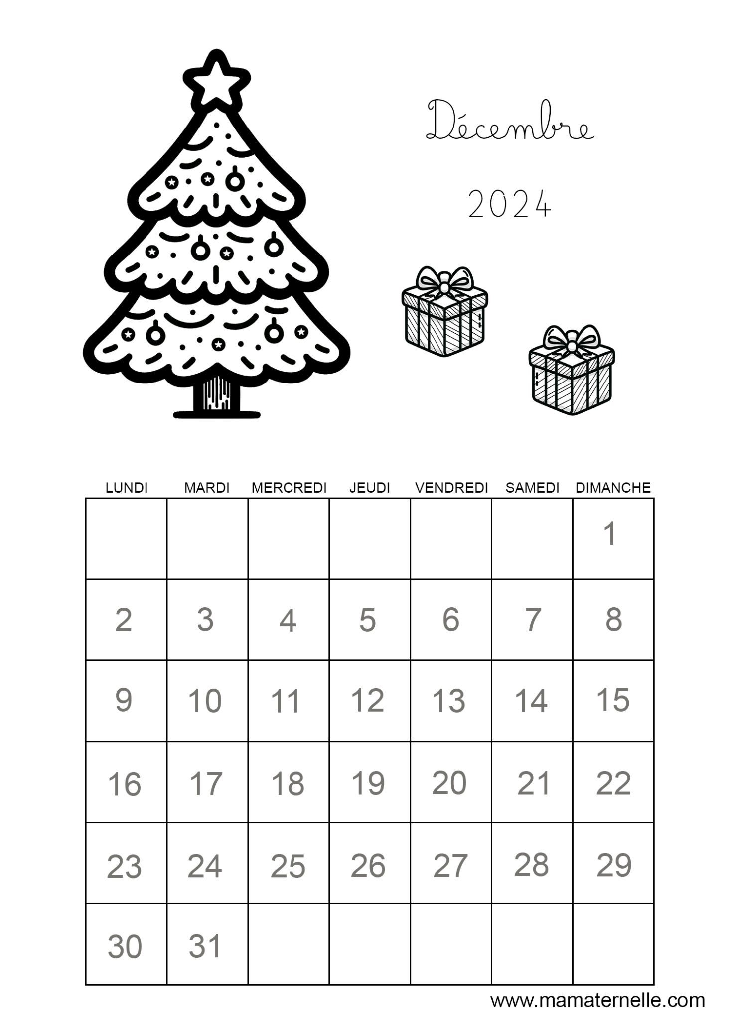 Calendrier coloriage Décembre 2024 - Ma Maternelle