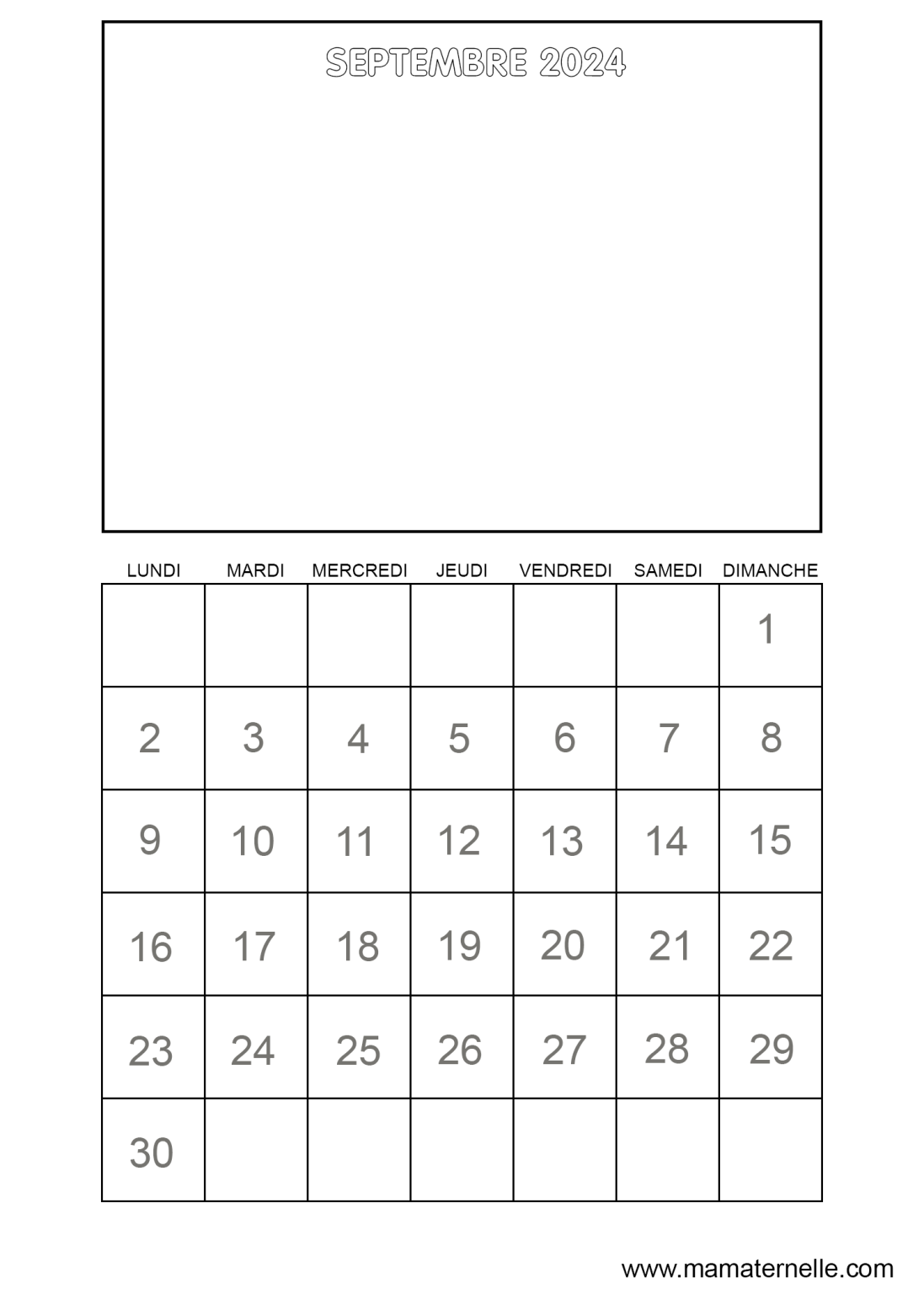 Calendrier vierge Septembre 2024 - Ma Maternelle