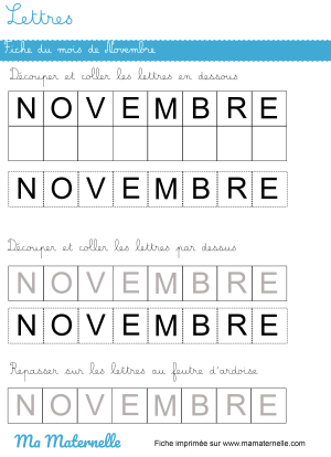 Lettres : fiche du mois de novembre - Ma Maternelle