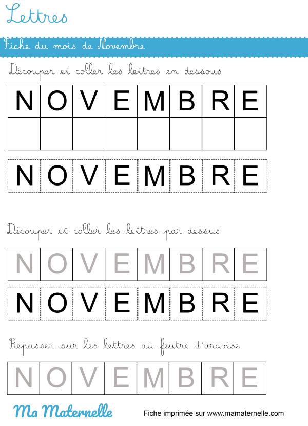 Lettres : fiche du mois de novembre - Ma Maternelle