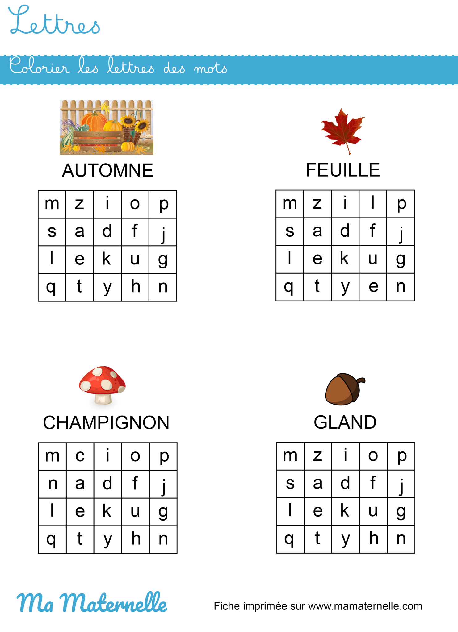 Lettres : colorier les lettres des mots - Ma Maternelle