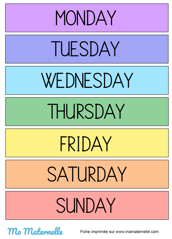 Outil pédagogique : jours de la semaine en anglais - Ma Maternelle