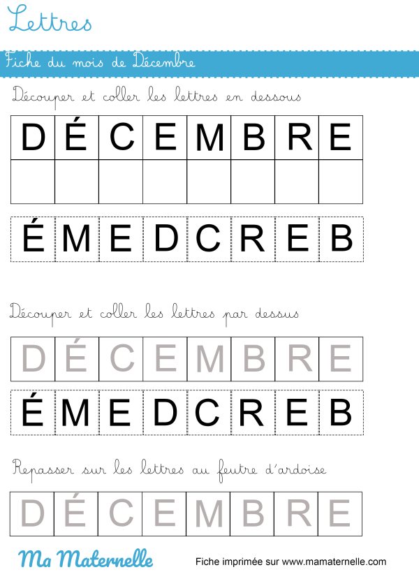 Lettres : fiche du mois de décembre - Ma Maternelle