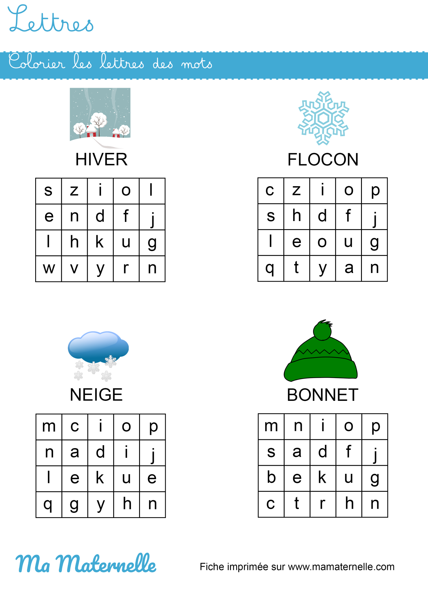 Lettres : colorier les lettres des mots - Ma Maternelle