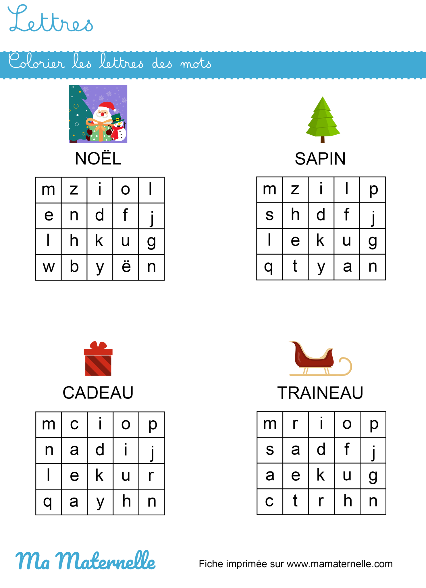 Lettres : colorier les lettres des mots - Ma Maternelle