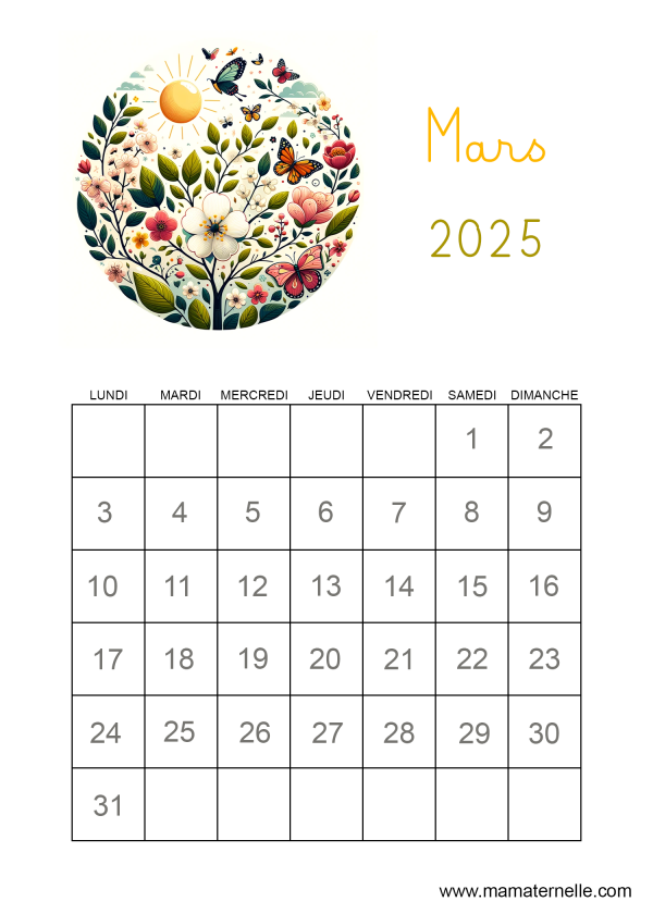 Calendrier Mars 2025 - Ma Maternelle