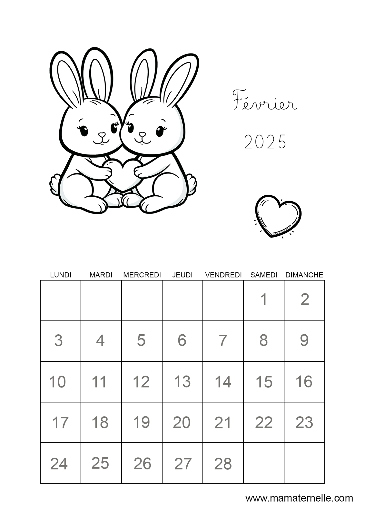 Calendrier coloriage Février 2025 - Ma Maternelle
