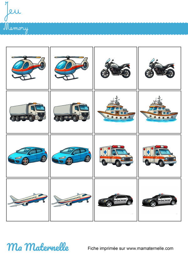 Jeu : memory véhicules - Ma Maternelle