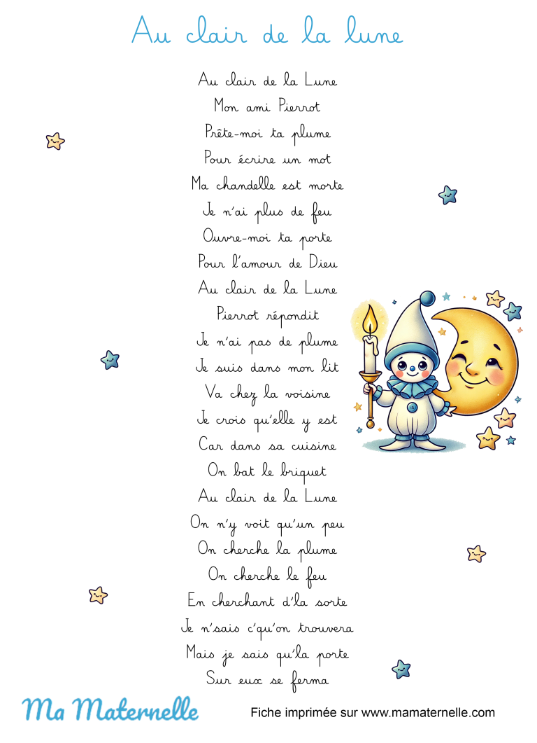 Comptine : au clair de la lune - Ma Maternelle