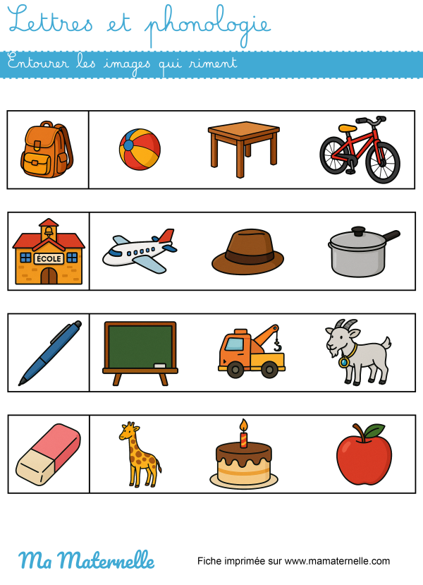 Lettres et phonologie : entourer les images qui riment - Ma Maternelle