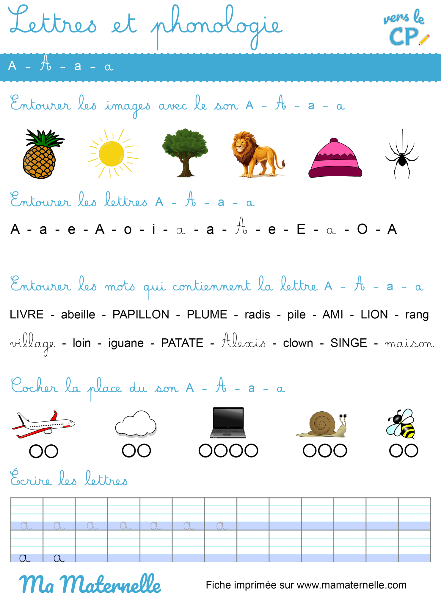 Lettres et phonologie : la fiche du A - Ma Maternelle