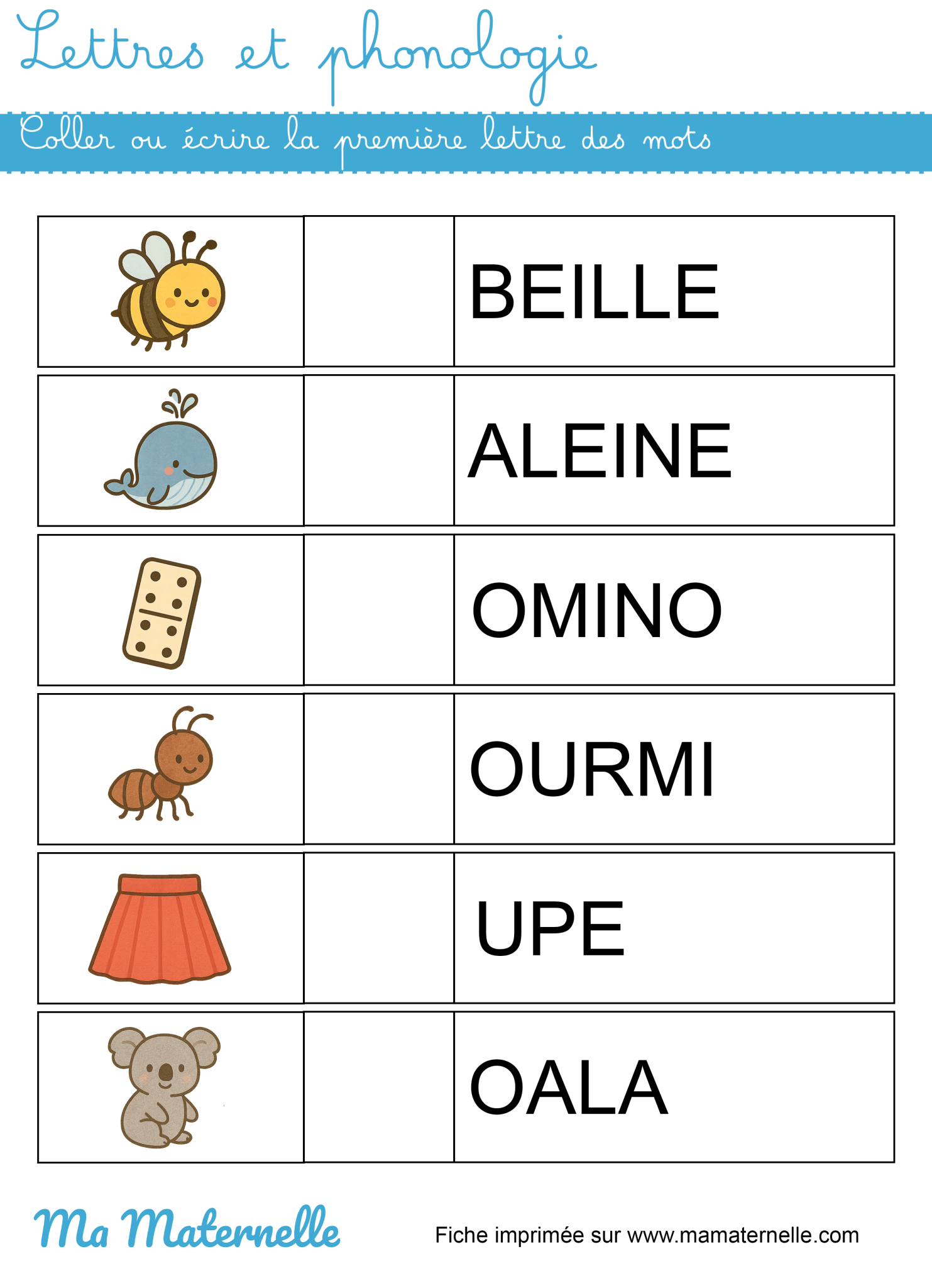 Lettres et phonologie : coller ou écrire la première lettre des mots ...