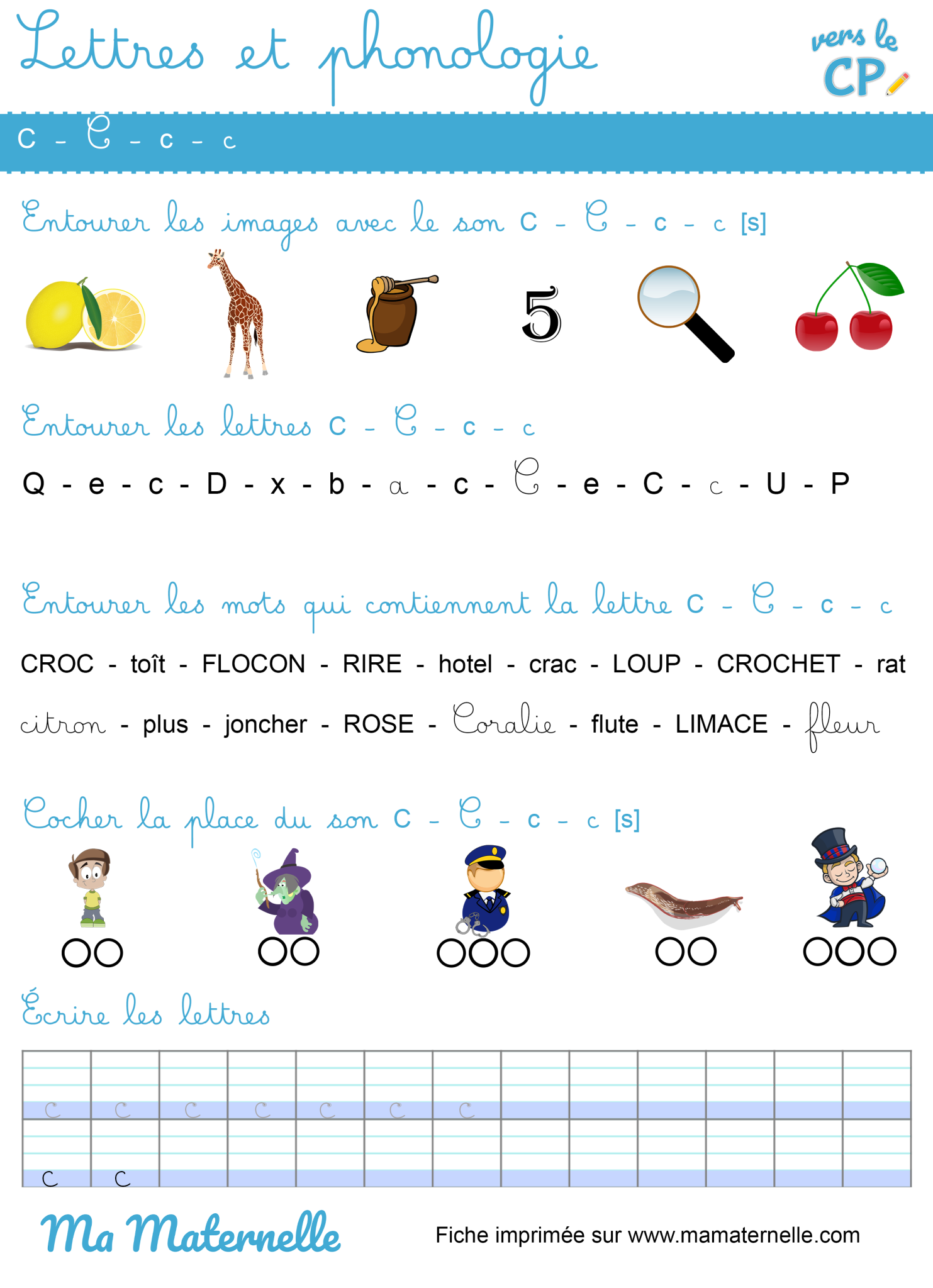 Lettres et phonologie : la fiche du C [s] - Ma Maternelle