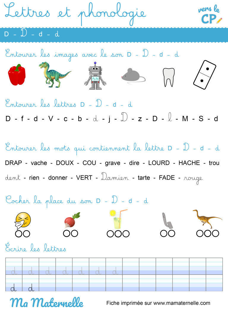 Lettres et phonologie : la fiche du D - Ma Maternelle