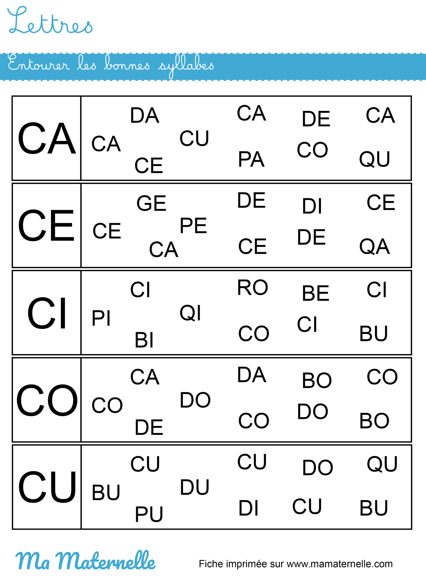 Lettres : entourer les syllabes - Ma Maternelle