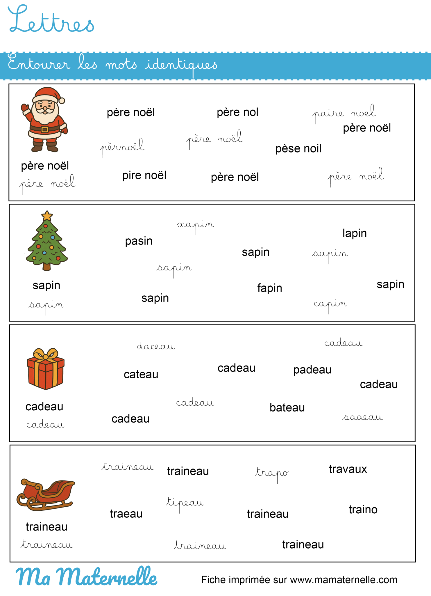 Lettres : entourer les mots identiques - Ma Maternelle