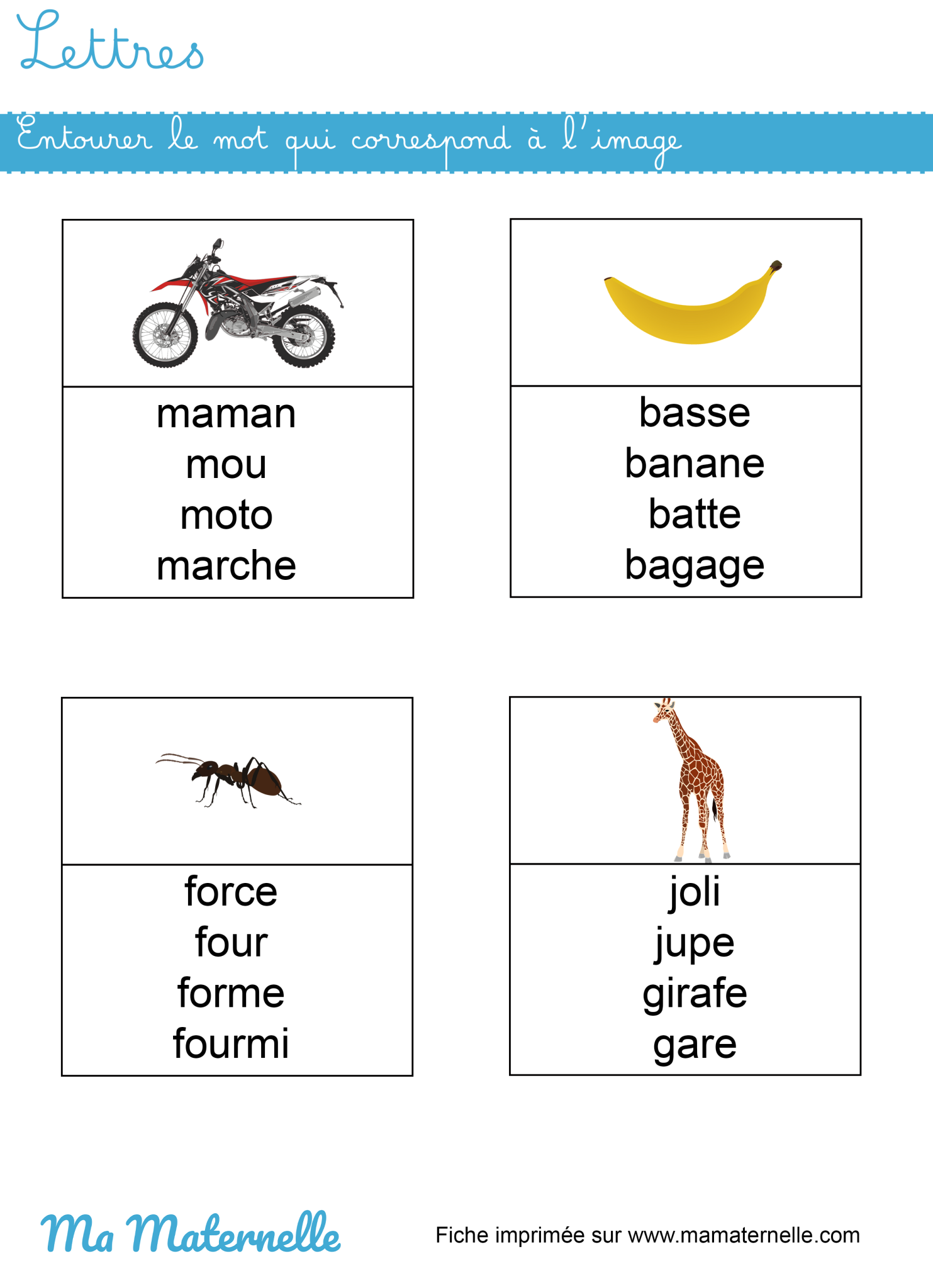 Lettres : entourer le mot qui correspond à l'image - Ma Maternelle