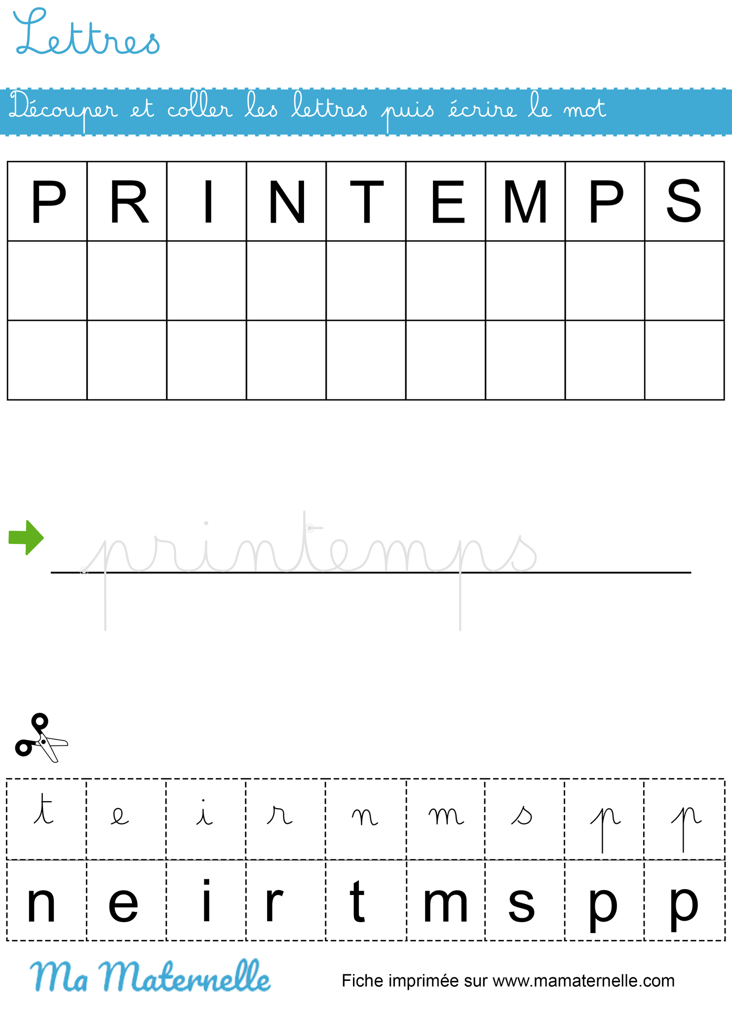 Lettres : découper et coller les lettres puis écrire le mot - Ma Maternelle