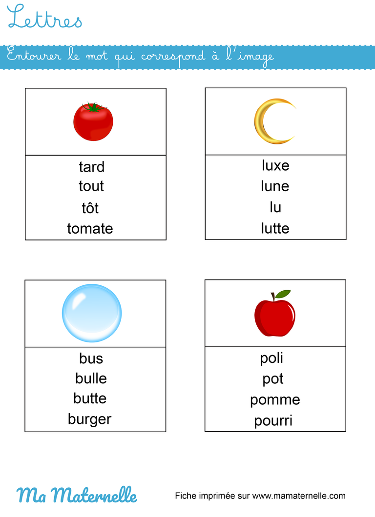 Lettres : entourer le mot qui correspond à l'image - Ma Maternelle