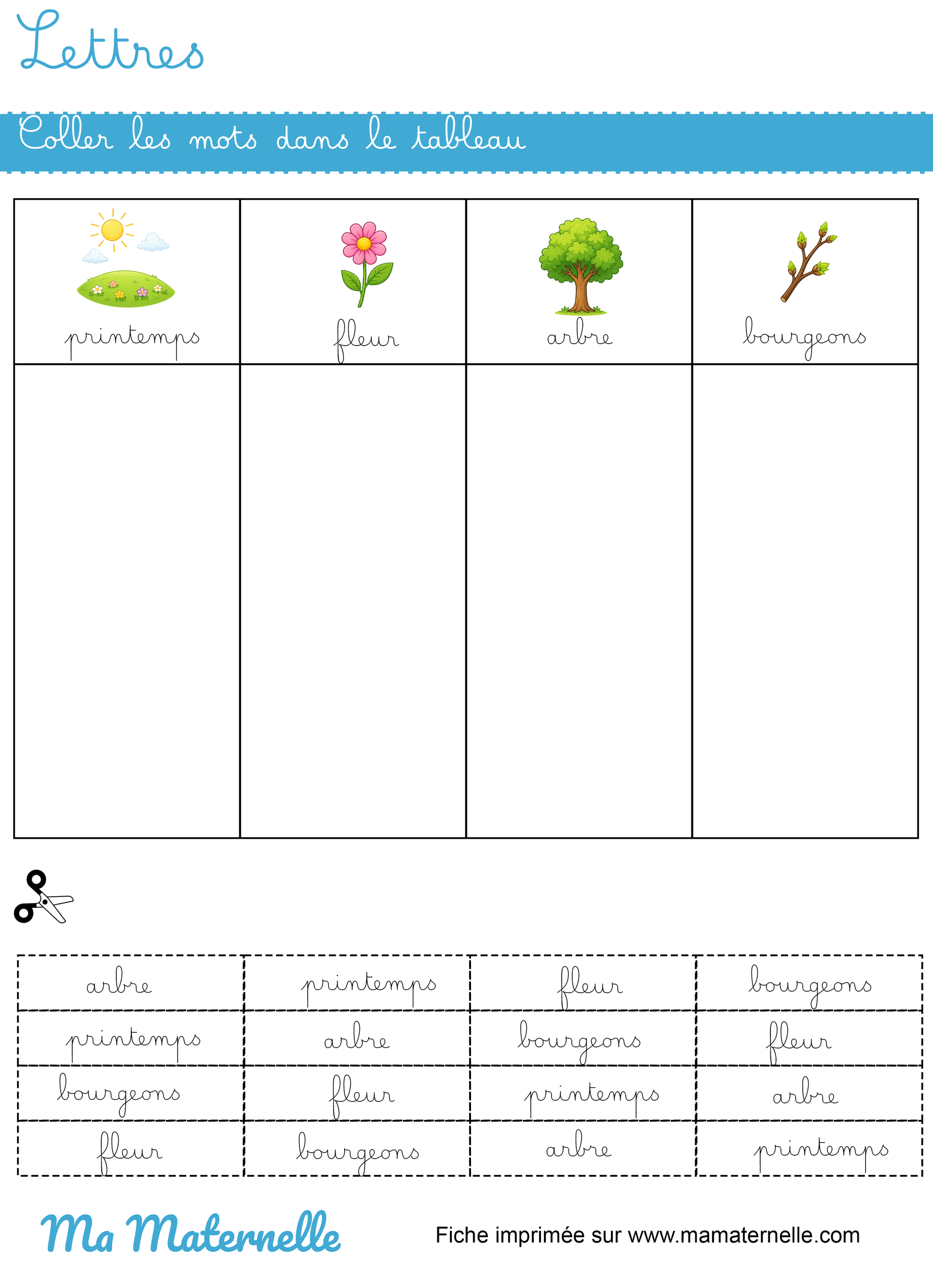 Lettres : coller les mots dans le tableau - Ma Maternelle