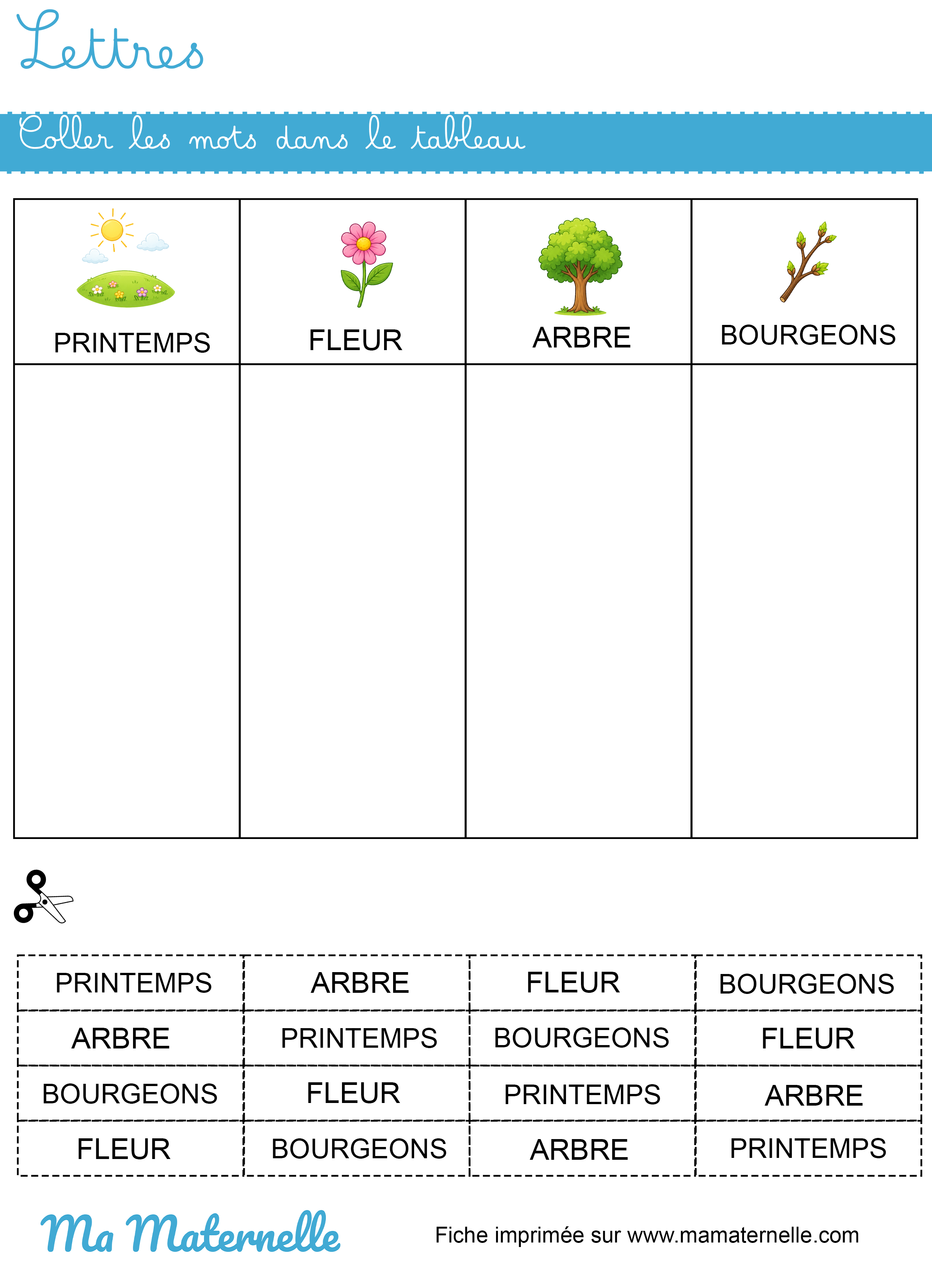 Lettres : coller les mots dans le tableau - Ma Maternelle